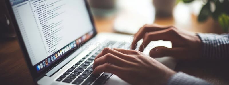 A Man is Sitting at a Desk and Typing Away on a Laptop Computer Stock ...