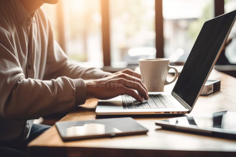A Man is Sitting at a Desk, Typing on a Laptop that Has a Check Mark on ... A Man is Sitting at a Desk, Typing on a Laptop that Has a Check Mark on ...