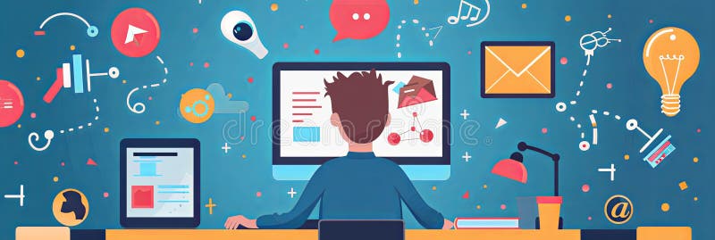 A Man is Sitting at a Desk, Using a Computer for EdTech Education ...