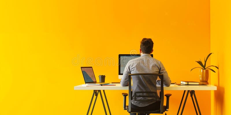 A Man Sitting at a Desk Using a Computer Stock Image - Image of plant ...