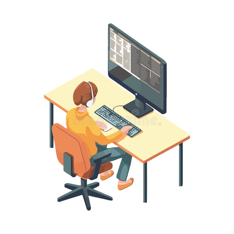 Man Sitting at Desk Using Computer Technology Stock Illustration ... Man Sitting at Desk Using Computer Technology Stock Illustration ...