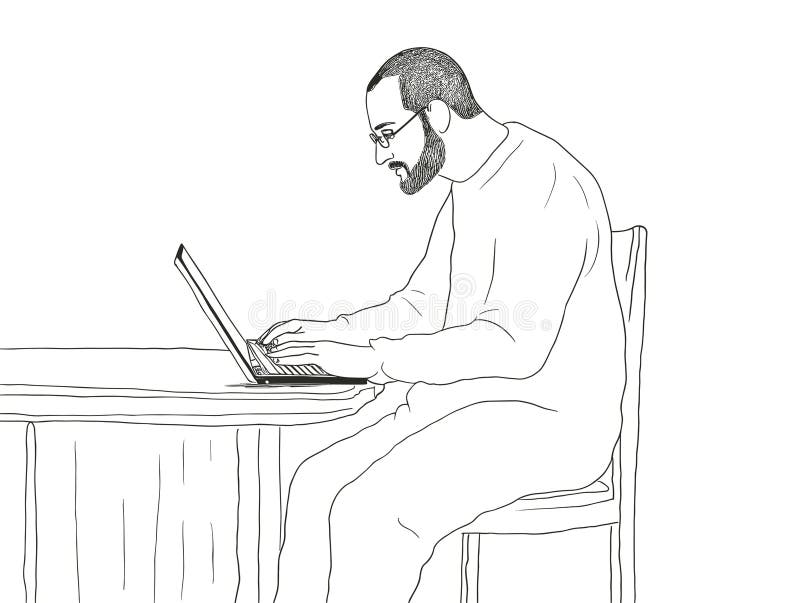 A Man Sitting at a Desk Working on a Laptop - Man in Living Room Using ...