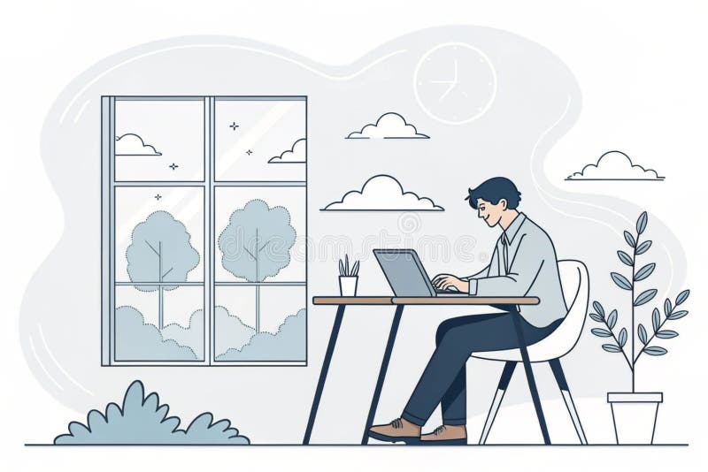 Man Sitting at Desk Working on Laptop with Window View in Homeoffice ...