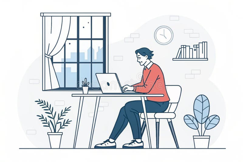 Man Sitting at Desk Working on Laptop with Window View in Homeoffice ...