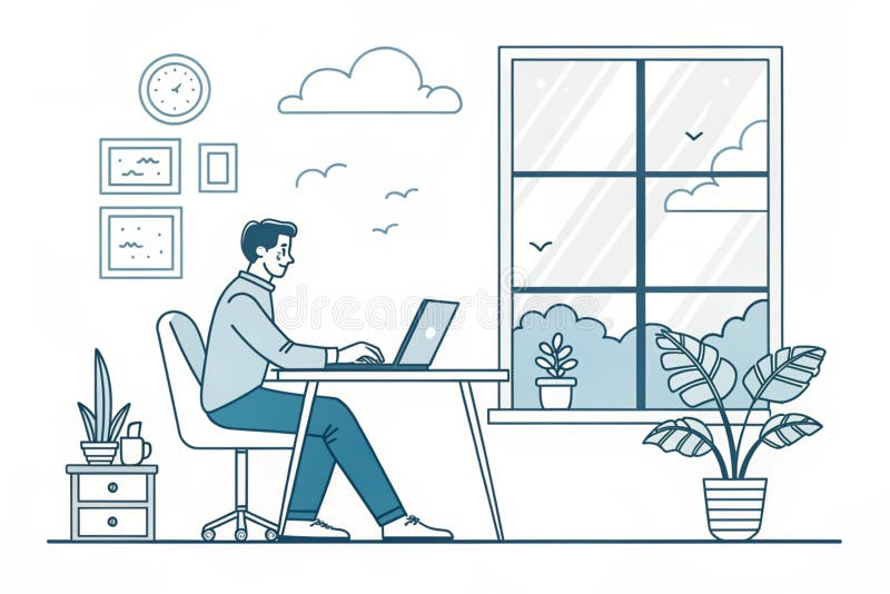 Man Sitting at Desk Working on Laptop with Window View in Homeoffice ...