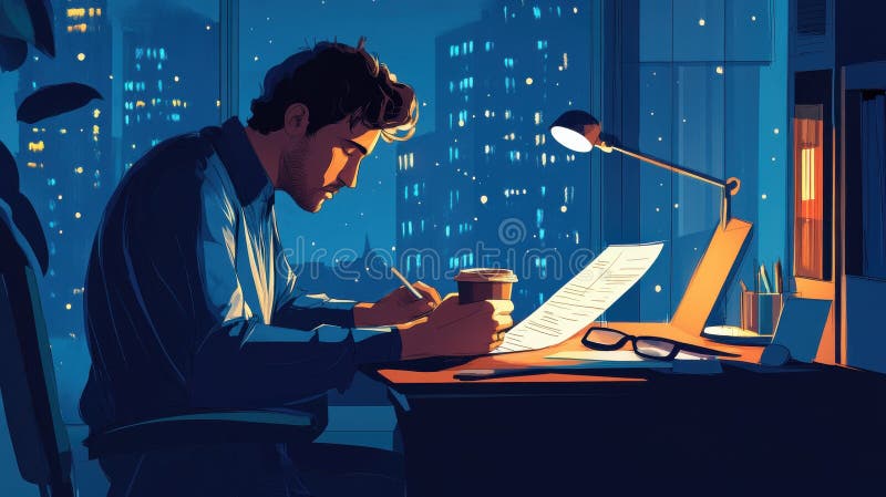 Man Sitting at Desk Writing on Paper with Pen in Office Environment ...