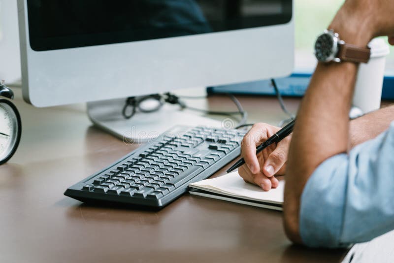 Man Sitting at Desktop with Personal Computer To Thinking about Work ...