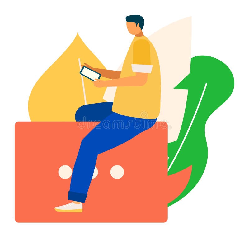 Man Sitting on Dice Holding Tablet with Abstract Shapes. Male on Puzzle ...