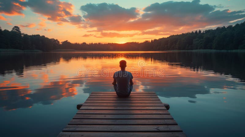 A Man Sitting on a Dock at Sunset Looking Out Over the Water, AI Stock ...