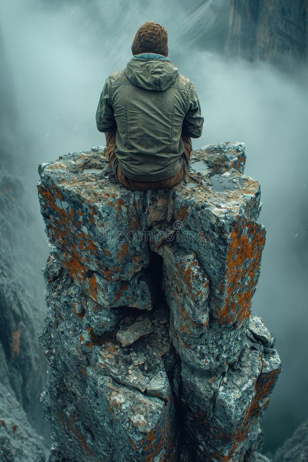 A Man is Sitting on the Edge of a Cliff. Hopelessness Stock Photo ...