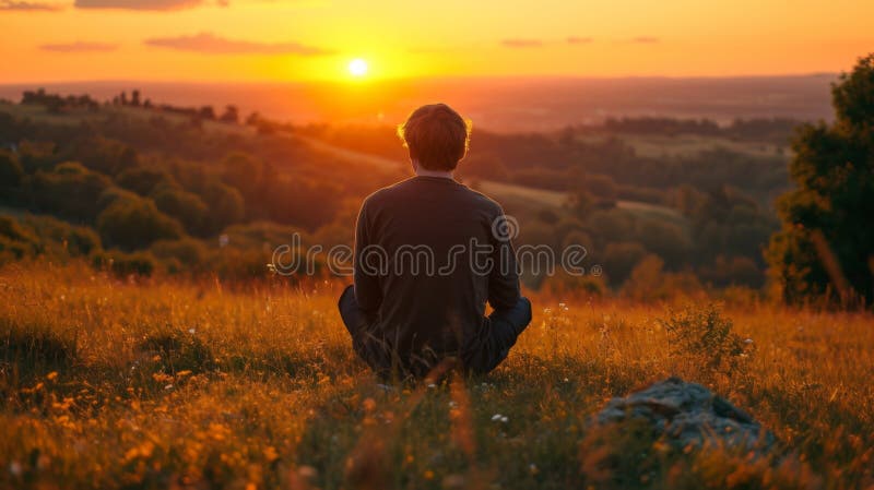 A Man Sitting in a Field Watching the Sunset, AI Stock Illustration ...