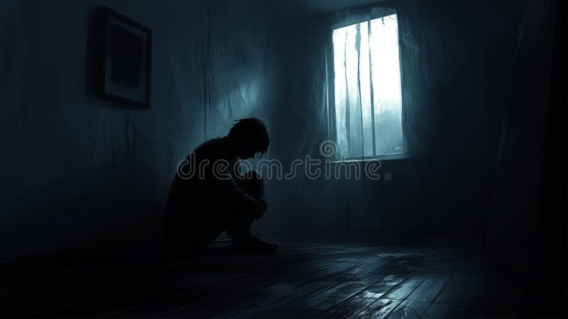 A Man is Sitting on the Floor in a Dark Room Stock Illustration ...
