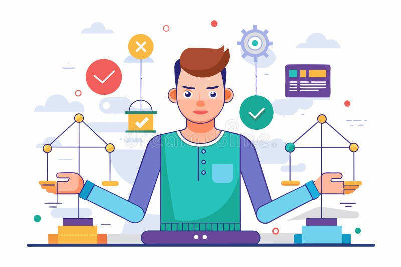 A Man Sitting in Front of a Balance Scale, Deep in Thought ...