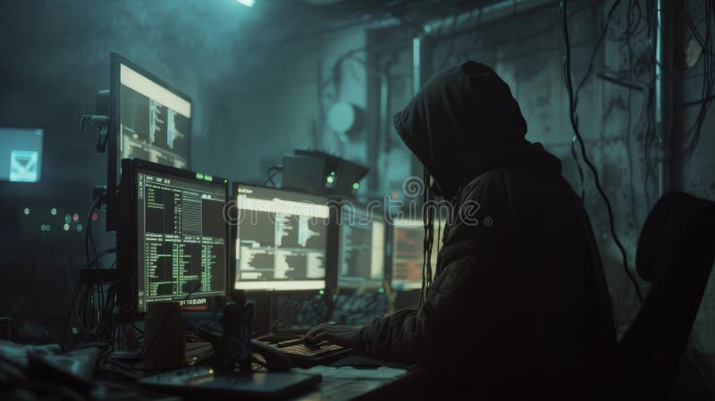 A Man is Sitting in Front of a Computer with a Hood Over His Head Stock ...