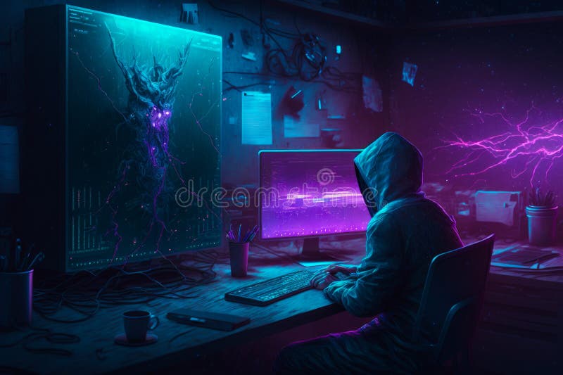 Man Sitting in Front of Computer with Lightning Behind Him. Generative ...