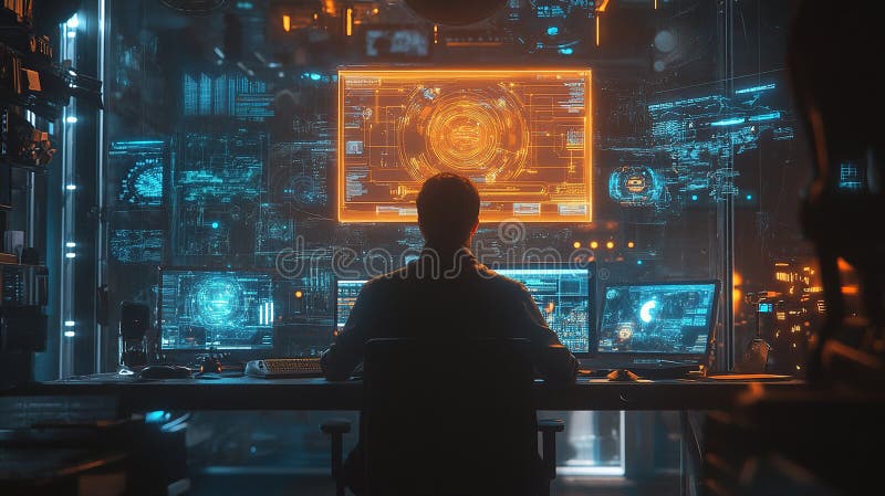 A Man is Sitting in Front of a Computer Monitor with a Glowing Orange ...