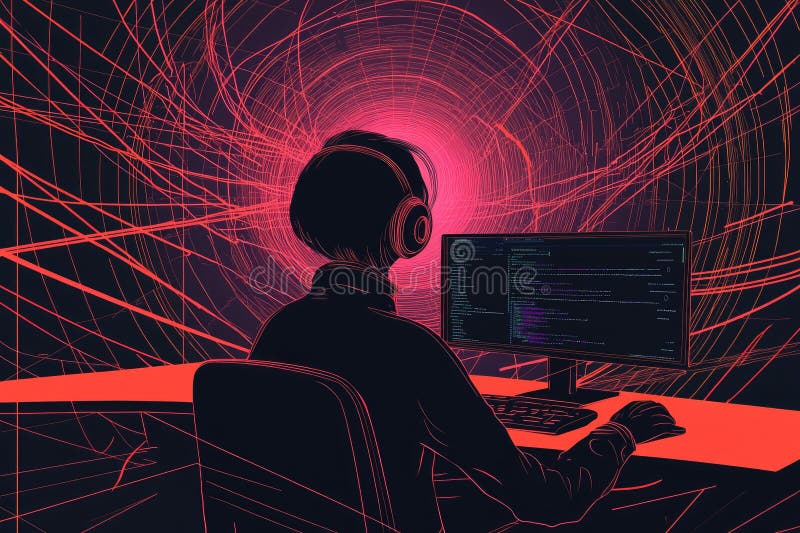 A Man is Sitting in Front of a Computer with a Red Background. Concept ...