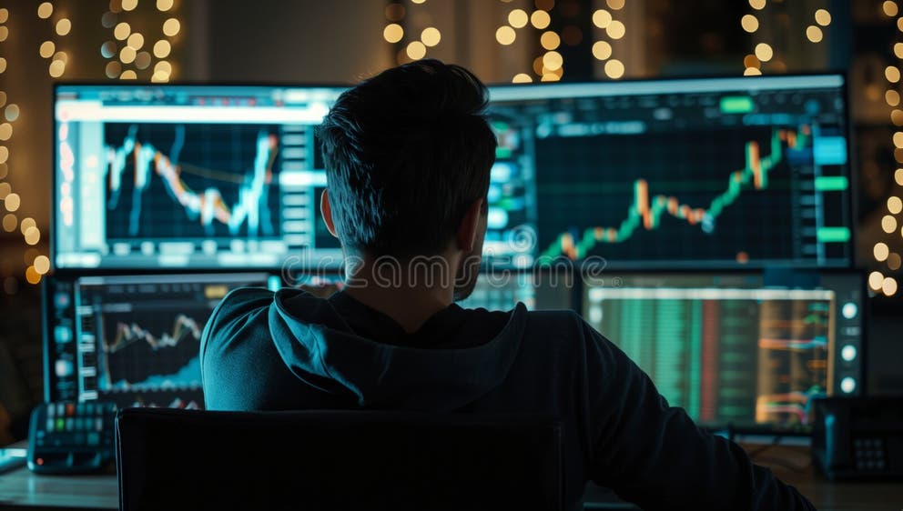 Man Sitting in Front of a Computer Screen Displaying a Graph Stock ...