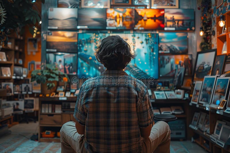 A Man is Sitting in Front of a Computer Screen in a Room Stock Image ...