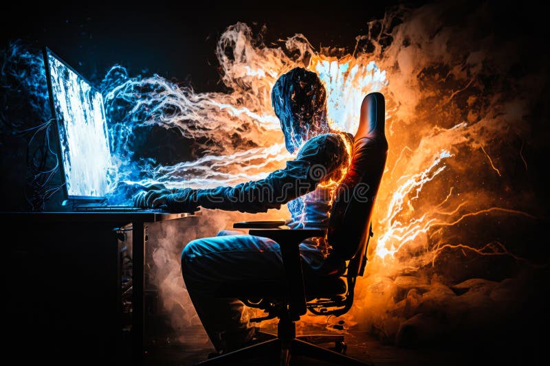 Man Sitting in Front of Computer with Smoke Coming Out of it ...