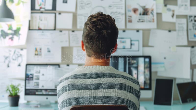 Man Sitting in Front Computer Working Digital Marketing Social Media ...