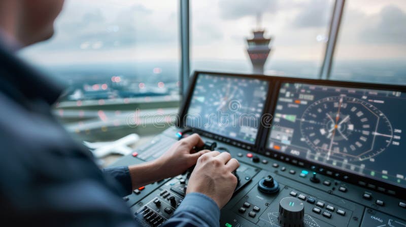 A Man is Sitting in Front of a Control Panel with Two Screens ...