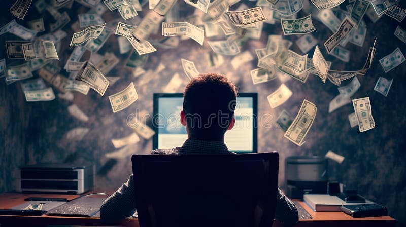 The Man is Sitting in Front of His Computer Screen, As he Stares Up at ...