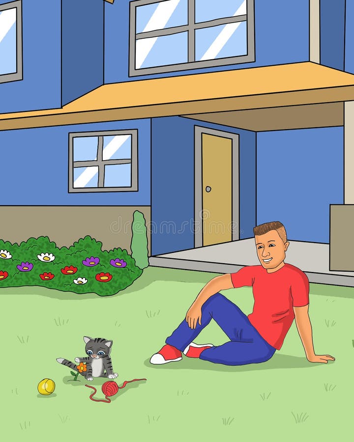 Man Sitting In Front House While Paying With Kitten Illustration Stock Illustration
