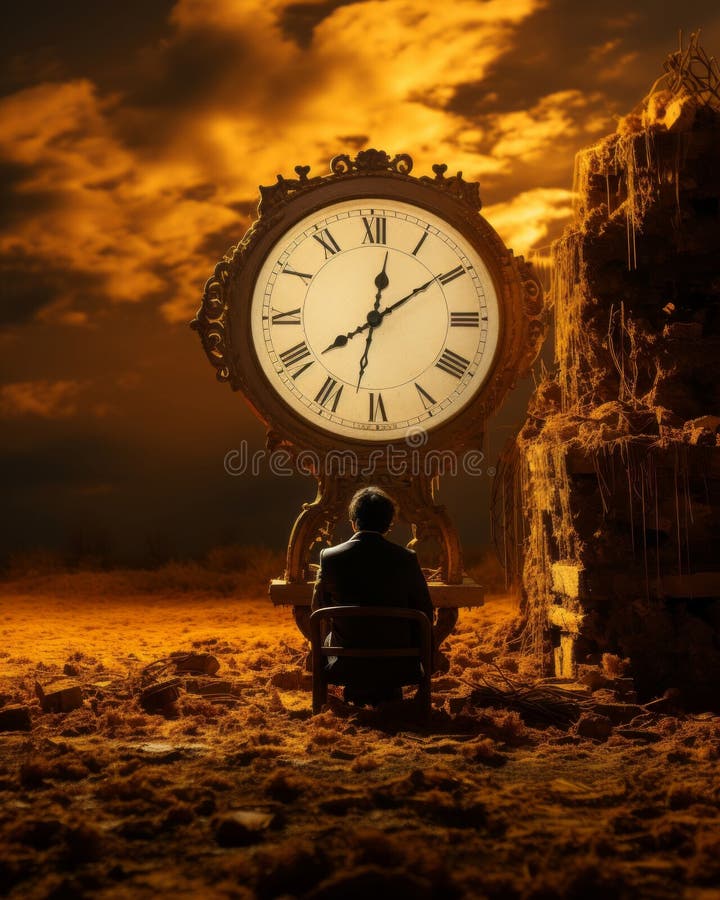 A Man Sitting in Front of a Large Clock Stock Illustration ...