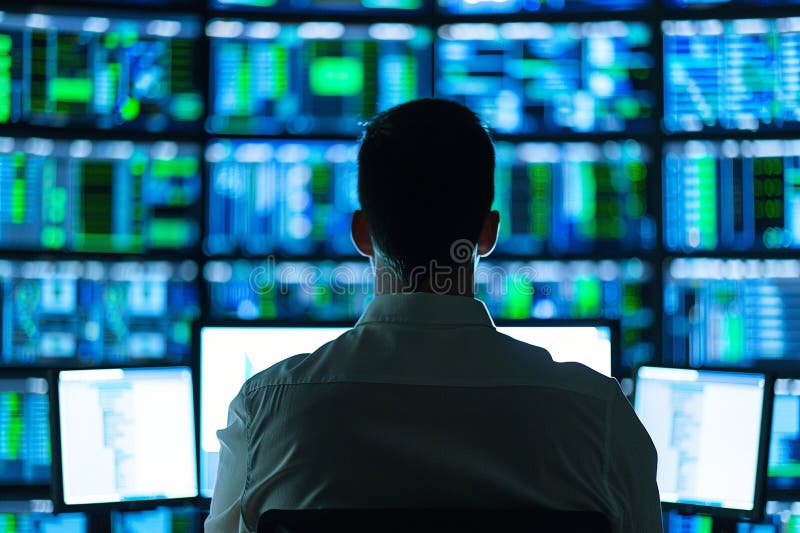 A Man Sitting in Front of Multiple Computer Monitors a Dark almost ...