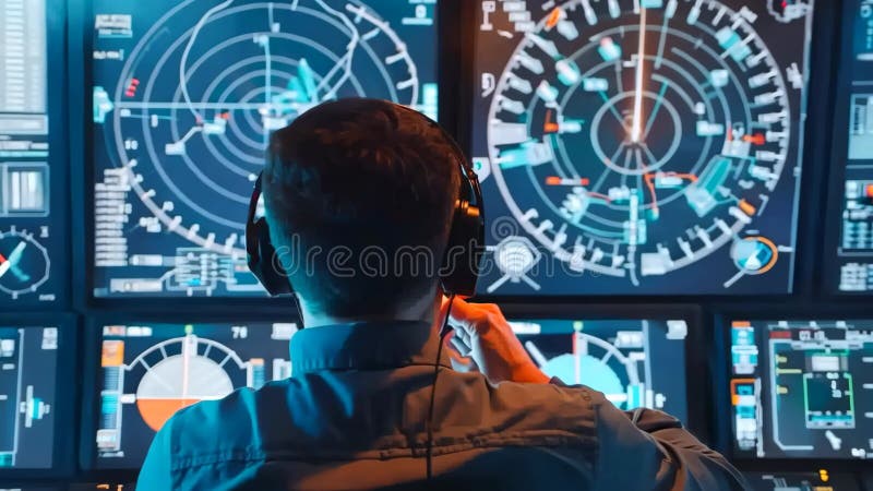 A Man Sitting in Front of Multiple Monitors in a Control Room Stock ...