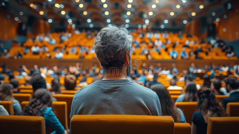 Man Sitting in Front of Packed Auditorium Stock Image - Image of ...