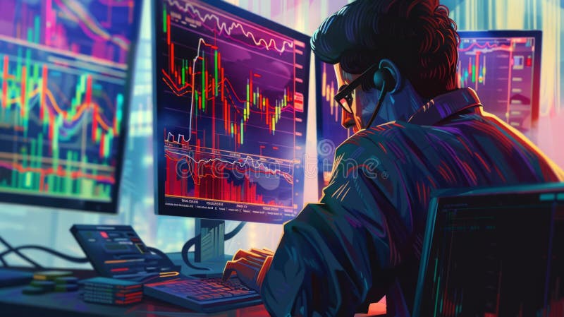 Man Sitting in Front of Two Computer Monitors Stock Photo - Image of ...