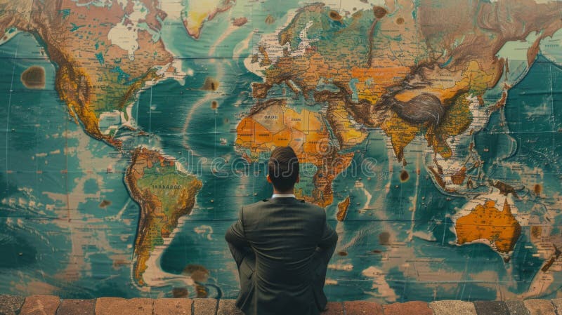 Man Sitting in Front of World Map Stock Illustration - Illustration of ...