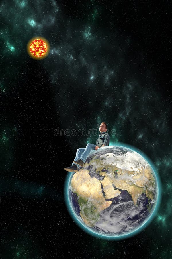 Man is Sitting on the Globe and the Sun in Space, Stock Image - Image ... Man is Sitting on the Globe and the Sun in Space, Stock Image - Image ...