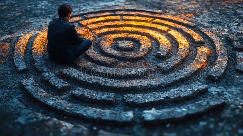 Man Sitting in Glowing Stone Labyrinth Stock Image - Image of timeless ...