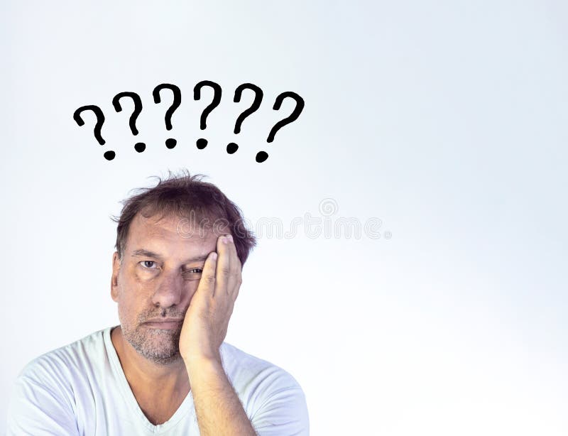 Man Sitting with His Face Resting on His Hand and Question Marks Above ...