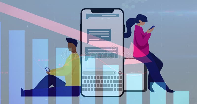 Man Sitting Holding Phone, Woman Leaning on Oversized Phone Checking ...