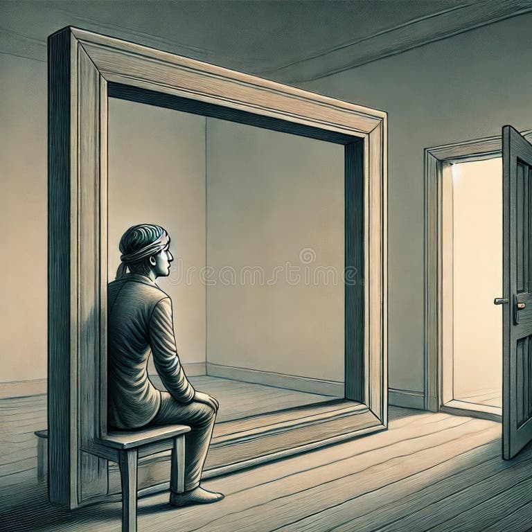 A Man Sitting Inside an Empty Frame, Next To an Open Door. Stock Photo ...