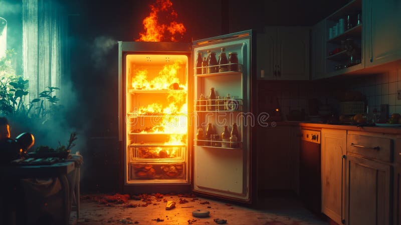 A Man Sitting in a Kitchen Next To an Open Refrigerator on Fire Stock ...