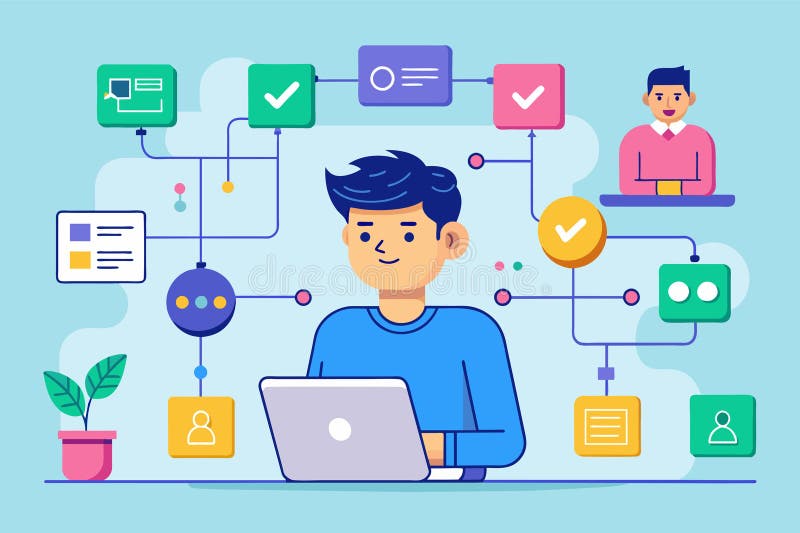 A Man Sitting at a Laptop Computer, Working on the Screen, User Flow ...