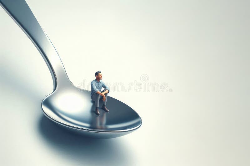 A Man is Sitting on a Large Metal Spoon. Space for Text. Stock Image ...