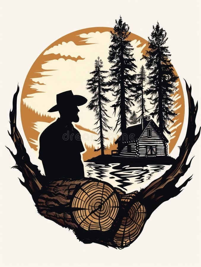 Man Sitting on Log in Front of Cabin Stock Image - Image of generated ...