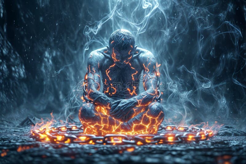 Man Sitting in a Lotus Position with Burning Chain Around His Neck ...