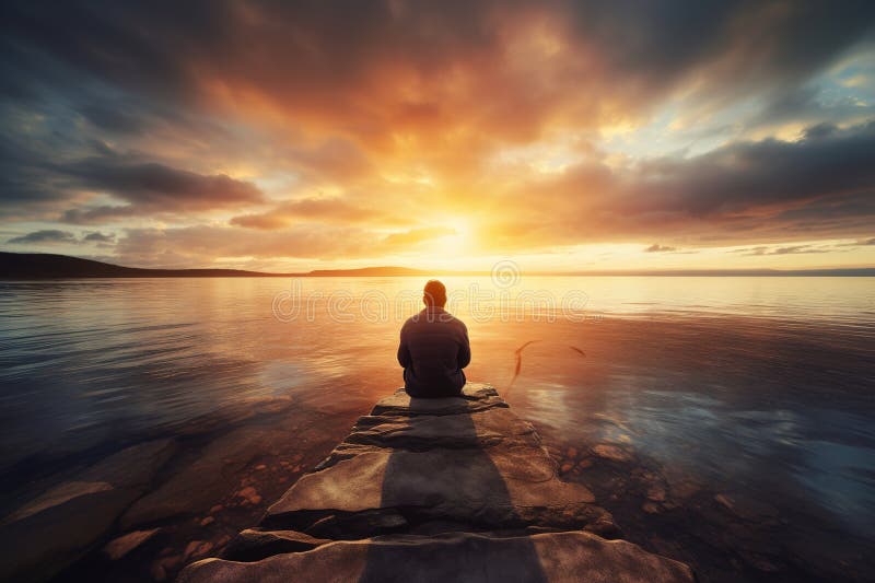 Man Sitting in Nature at Sunset by Lake Stock Illustration ...