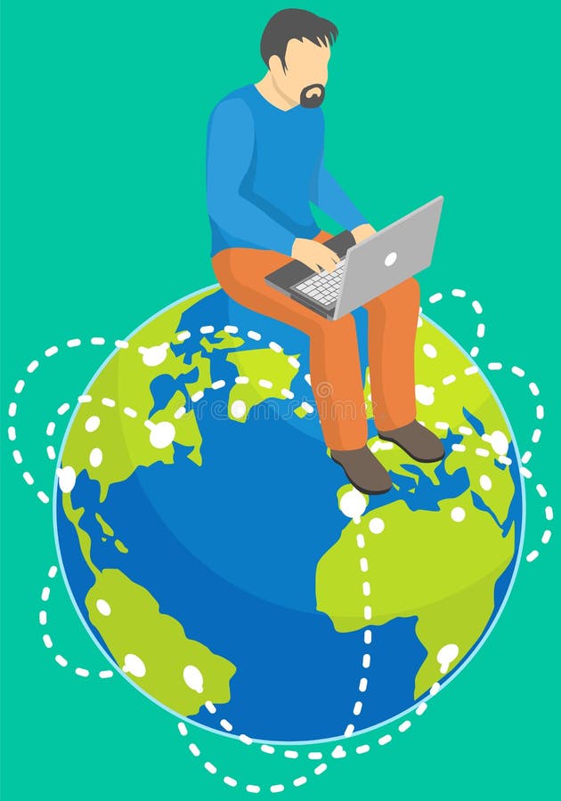 Man Sitting with Notebook on Planet Earth. Male Character Works with ...