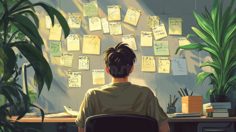 A Man is Sitting at Office and Looking at Whiteboard Covered by Sticky ...