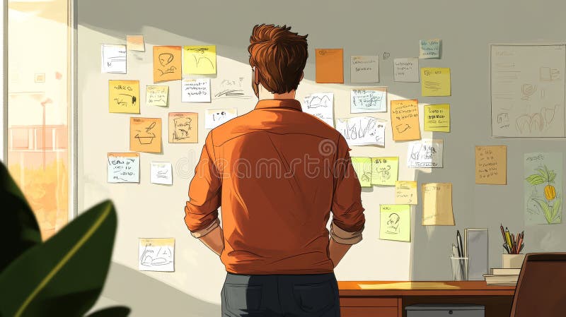 A Man is Sitting at Office and Looking at Whiteboard Covered by Sticky ...