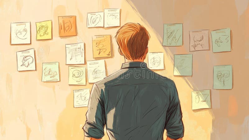 A Man is Sitting at Office and Looking at Whiteboard Covered by Sticky ...