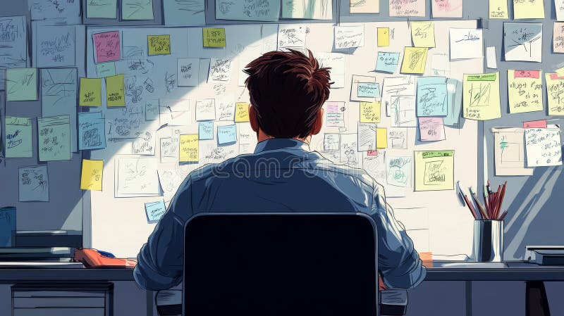 A Man is Sitting at Office and Looking at Whiteboard Covered by Sticky ...